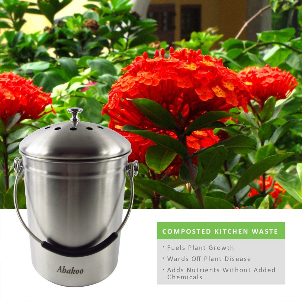 Abakoo Compost Bin 304 Stainless Steel Kitchen Composter Waste Pail Indoor Countertop Kitchen Bin Pail - includes 4 Filters (1.3 Gallon)