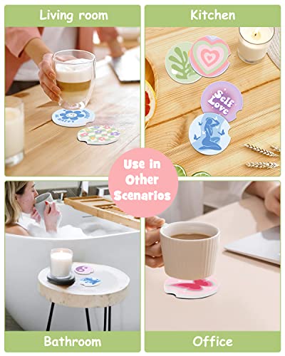 8pcs Danish Pastel Car Coasters 2.56 inches Car Cup Holders Absorbent Ceramics with Finger Notch Drinks Coasters Cork Base Aesthetic Smiling Face Flowers Preppy Boho Cute Car Accessories for Women