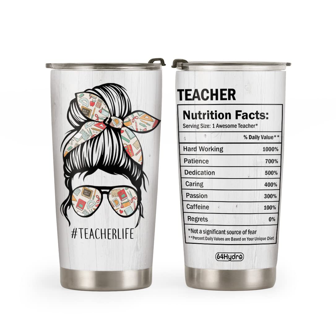 64HYDRO 20oz Teacher Gifts for Women, Gifts for Teacher, Teacher Appreciation Gifts, Valentines Day Gifts for Her, Teacher Life Teacher Facts Tumbler Cup, Insulated Travel Coffee Mug with Lid