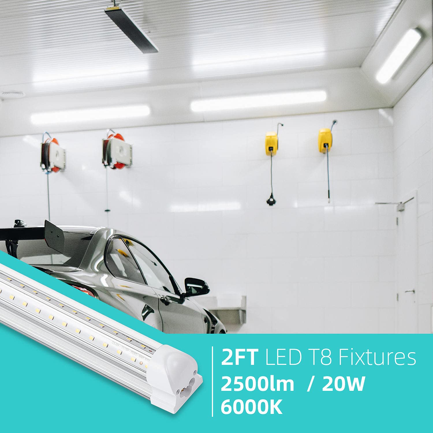 SUCUAYEO (4 Pack) 2FT LED Shop Light, 20W 2500lm 6000K Clear Cover, V-Shape, Linkable T8 LED Light Fixture and Under Cabinet Lights, Corded Electric with Built-in ON/Off Switch
