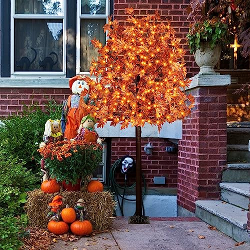 7FT 170 LED Lighted Maple Tree - Thanksgiving Decor Artificial Fall Tree with 17 Branches, 17 Acorns 340 Leaves, Remote 8 Flashing Modes, Timing, DC 5V Safe for Outdoor Wedding Party Autumn DecorâŠ