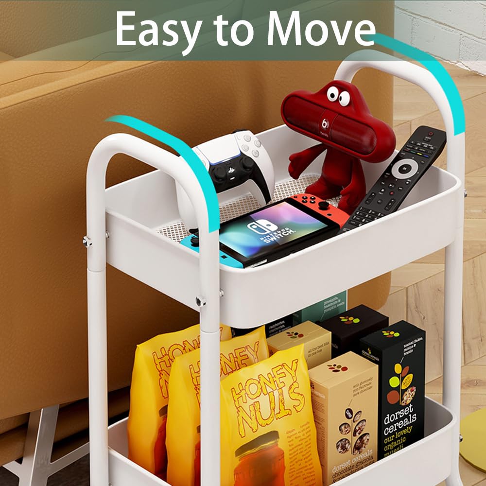 2-Tier Rolling Utility Cart with Handle,Mobile Metal Mesh Trolley with Wire Basket Shelving,Organizer Trolley with Lockable Wheels,Multifunctional Storage cart for Office Kitchen Bathroom,White