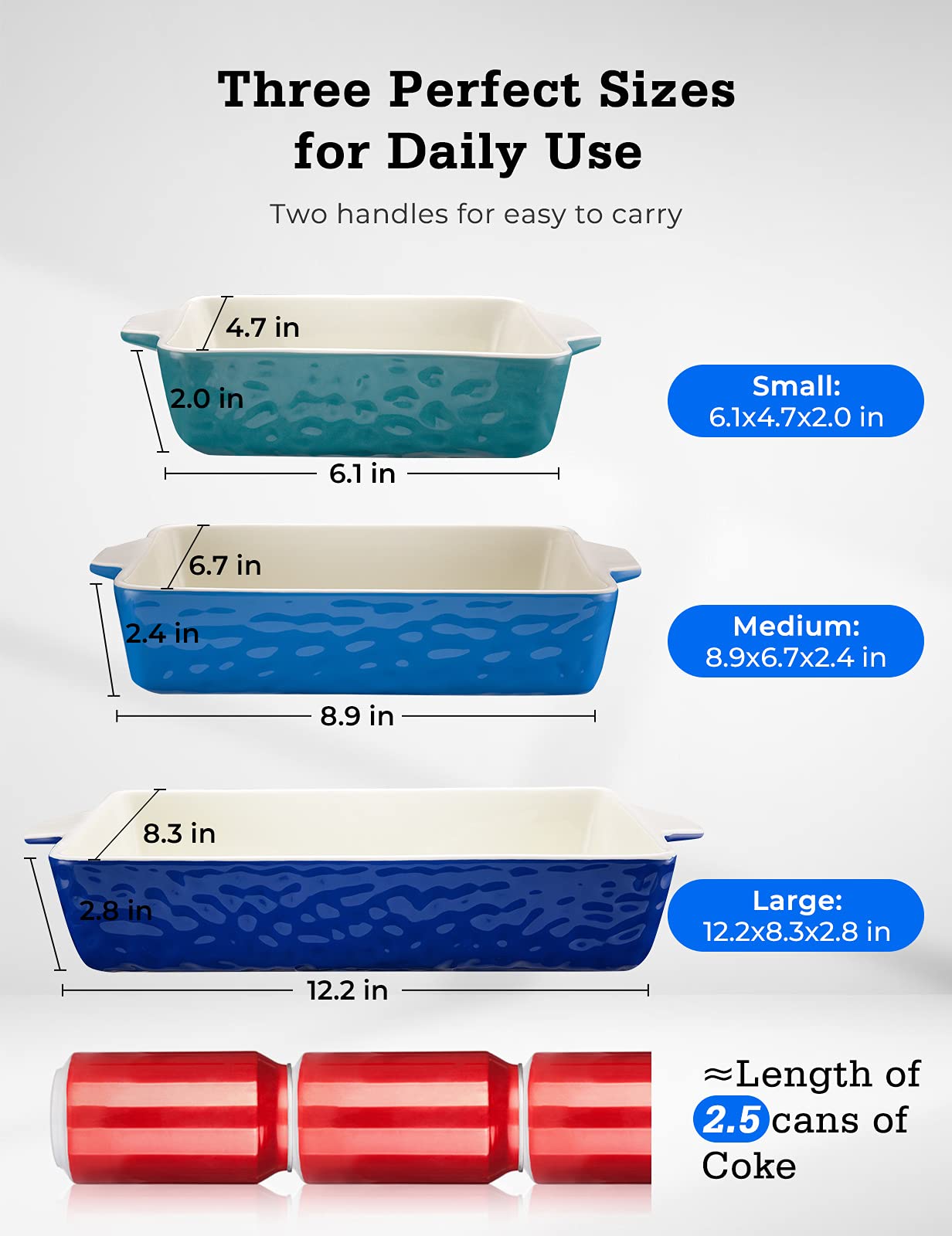 3Pack Ceramic Baking Dish for Oven Large Casserole Baking Dish with Handles Packaging Upgrade Nonstick Ceramic Bakeware for Cooking, Cakes, Lasagna & Gift, Blue