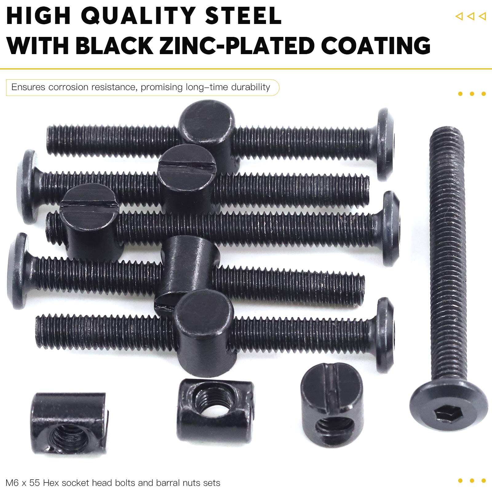 Mardatt M6 x 55mm 24PCS (12 Sets) Black Zinc Plated Hex Socket Cap Bolts Crib Bolts and Barrel Nuts Cross Dowel Replacement for Crib Cots Beds Chair Table Desk Furniture