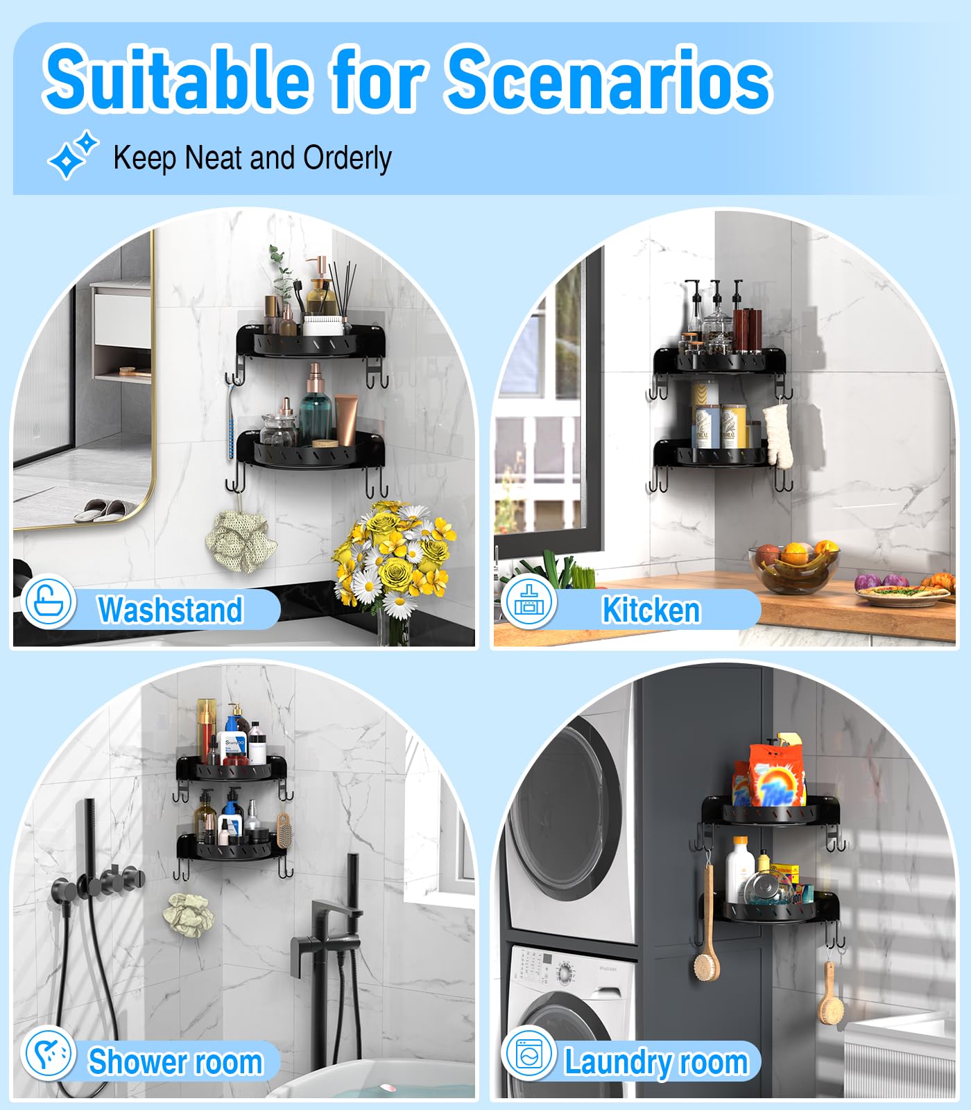 360°Rotating Corner Shower Caddy Shelf With 6 Hooks,2PACK Bathroom Lazy Susan Shower Organizer Corner with 5Pcs Adhesive,Stainless Steel Shower Racks for Inside Shower for Home Apartment Decor(Black)