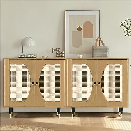 4ever2buy Rattan Buffet Cabinet Sideboard with Storage, Kitchen Accent Cabinet with Woven Natural Rattan Doors, Entryway Cabinet with Adjustable Shelves,Console Tables for Living Bedroom Dining Room