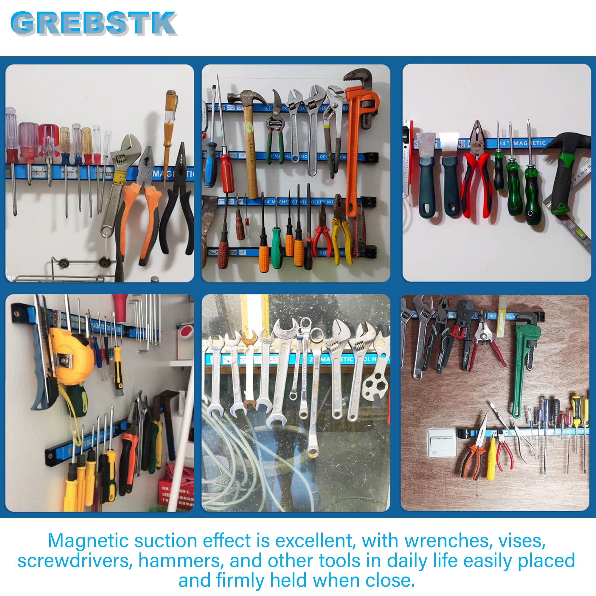 GREBSTK 18 IN Magnetic Tool Holder Strip Heavy Duty Magnetic Tool Bar Metal Tool Organizer Rack with Mounting Screws, 4PCS