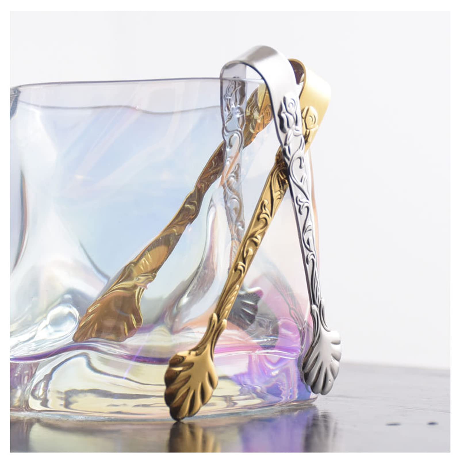 2Pack Rose Handle Sugar Tongs, Vintage Rose Relief Stainless Steel Ice Cube Clips Sugar Tongs Sliver and Gold Small Food Clips for Tea and Coffee Party, Appetizers Desserts Kitchen Barware