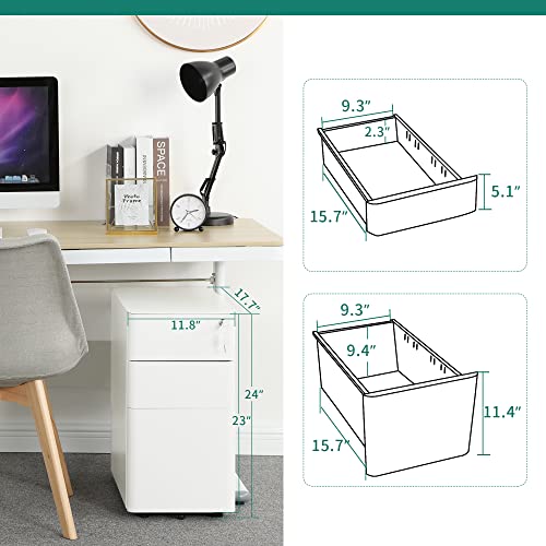 YITAHOME 3-Drawer Metal Filing Cabinet Office Drawers with Keys, Compact Slim Portable File Cabinet, Pre-Built Office Storage Cabinet for A4/Letter/Legal (White)