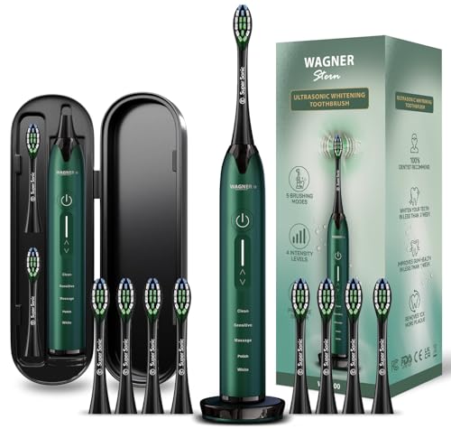 Wagner Stern Ultrasonic whitening Toothbrush with Pressure Sensor. 5 Brushing Modes and 4 Levels of Intensity, 8 Soft bristles, Travel case.