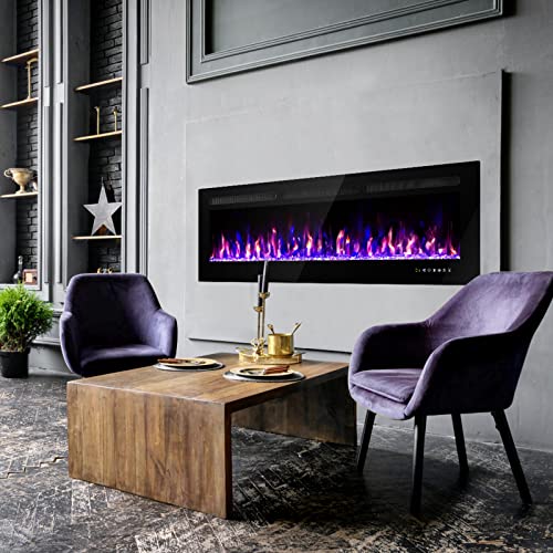 ALPACA 60" Electric Fireplace Recessed and Wall Mounted Linear Fireplace, 750/1500W the Thinnest Fireplace Low Noise Touch Screen with Timer and Remote Control Adjustable Multicolor Flame Color, Black