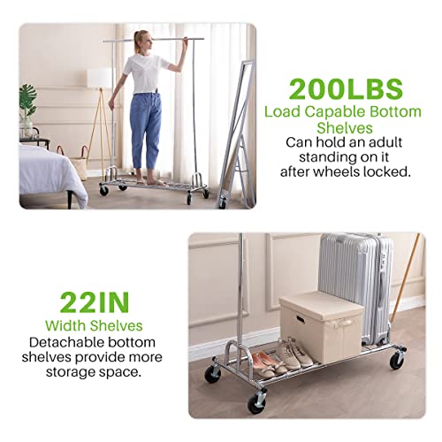 HOKEEPER Clothing Garment Rack with Shelves Capacity 450 lbs Clothing Racks on Wheels Rolling Clothes Rack for Hanging Clothes Heavy Duty Portable Collapsible Commercial Garment Rack Chrome