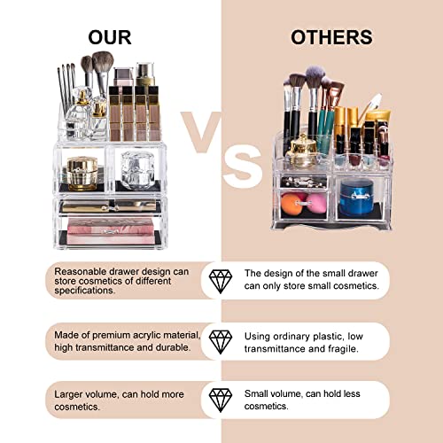 DreamGenius Makeup Organizer 3 Pieces Acrylic Cosmetic Storage Drawers Organizer for Vanity and Bathroom, Stackable Cosmetic Organizer Countertop with 4 Drawers