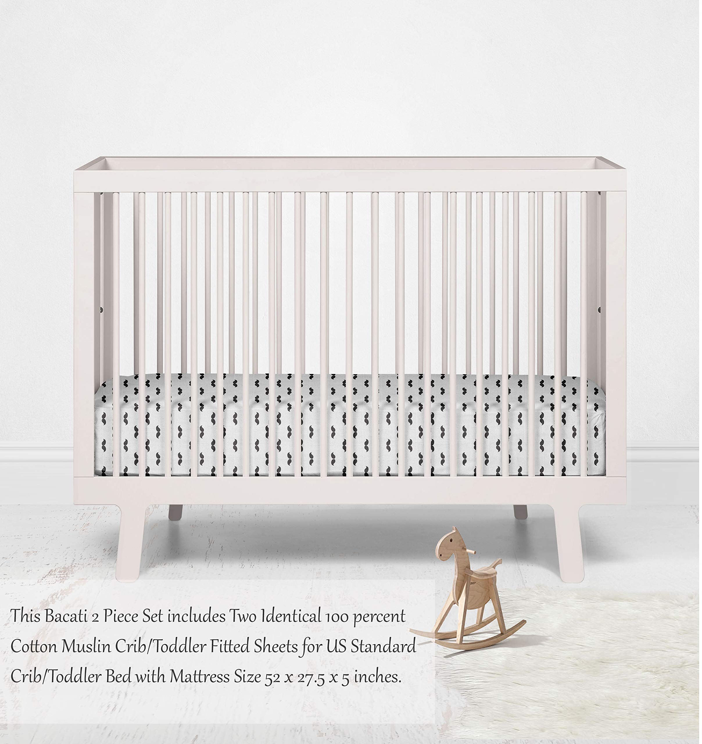 Bacati - 2 Pack Love/Aztec/Arrows/Hearts Silky Soft Breathable 100% Cotton Muslin Baby Crib Fitted Sheets - Fits Standard 28 x 52 x 5 Crib & Toddler Mattresses (Mustache, Black)