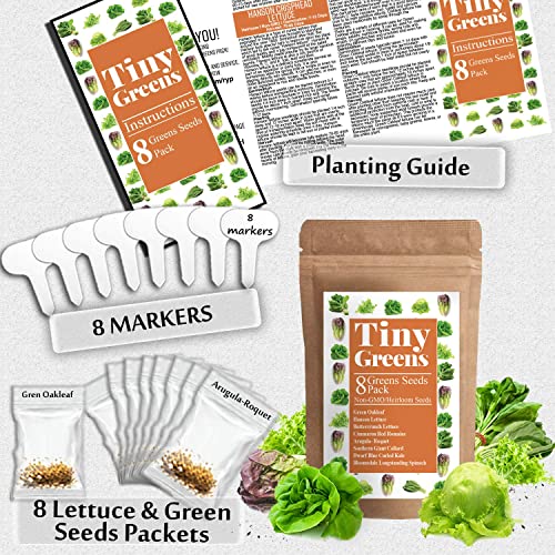 8 Heirloom Lettuce Seeds for Planting Indoors | 1200+ Non-GMO Leafy Greens Seed: Romaine Iceberg Butter Lettuce Seeds, Kale Spinach Arugula Seeds | Seeds for Hydroponic Garden Indoor Microgreens