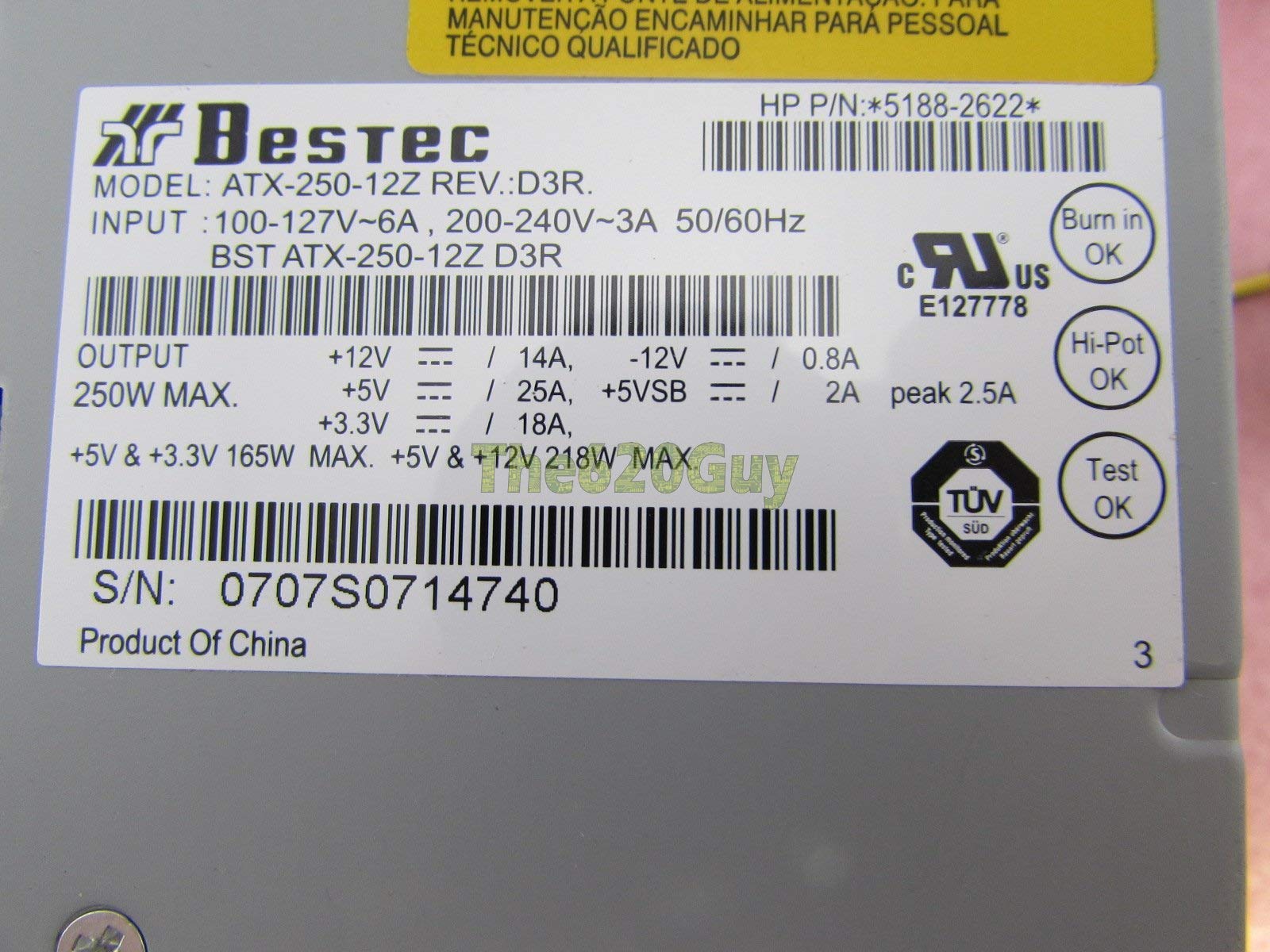 HP 5188-2622 250W 250 Watts ATX12V PSU Power Supply Bestec ATX-250-12Z REV D3R (Renewed)