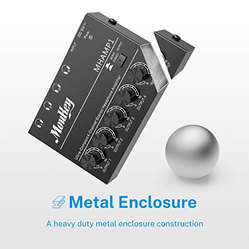 Moukey Headphone Amp Amplifier 4 Channels Metal Stereo Audio Amplifier,Mini Headphone amplifier portable - 4x Quarter Inch Balanced TRS Headphone Output and TRS Audio Input, DC5V Power Supply-MHAMP1