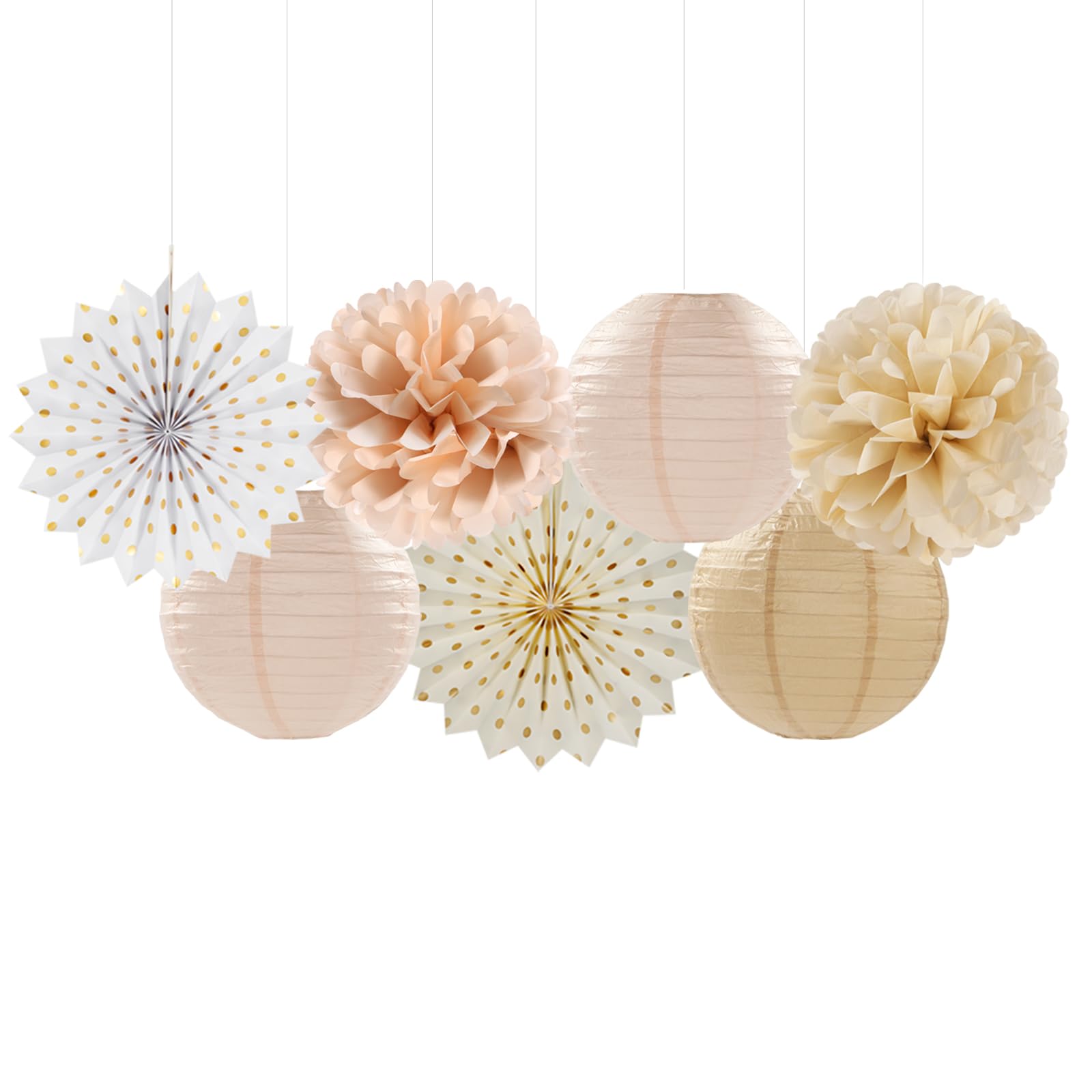Beige-Champagne Gold White-Peach Boho Party-Decorations - 20pcs Neutral Baby Shower Rustic Wedding Paper Lanterns Fans,Tissue Pom Poms,Honeycomb Balls,Bunting,Birthday Bridal Decor Burgleda