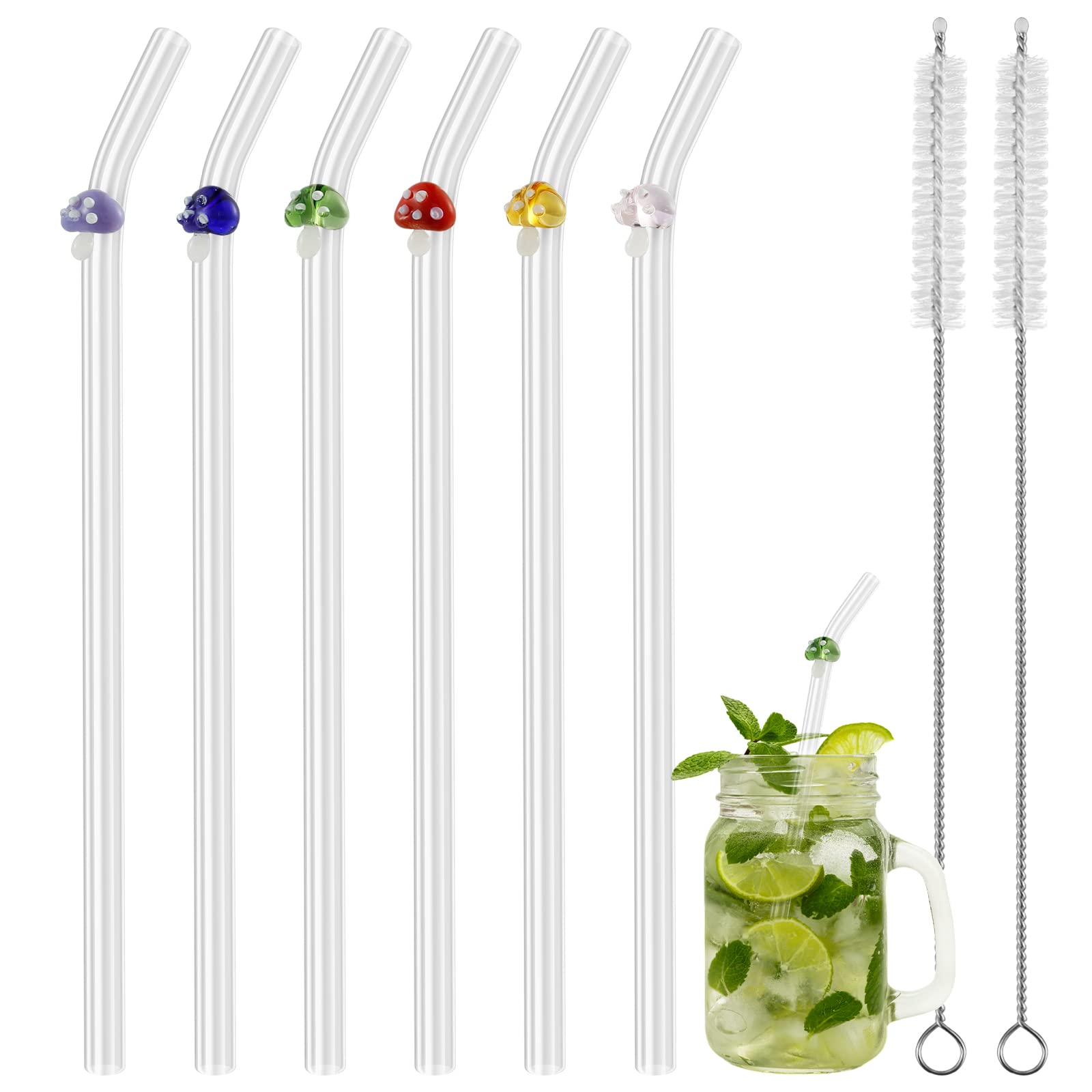5/6Pcs Reusable Glass Straws, with 2 Cleaning Brushes, Clear Cute Butterfly Cherry Mushroom Straws Heat-Resistant Glass Straws for Smoothies Tea Juice Milkshakes Dishwasher Safe (Mushroom)