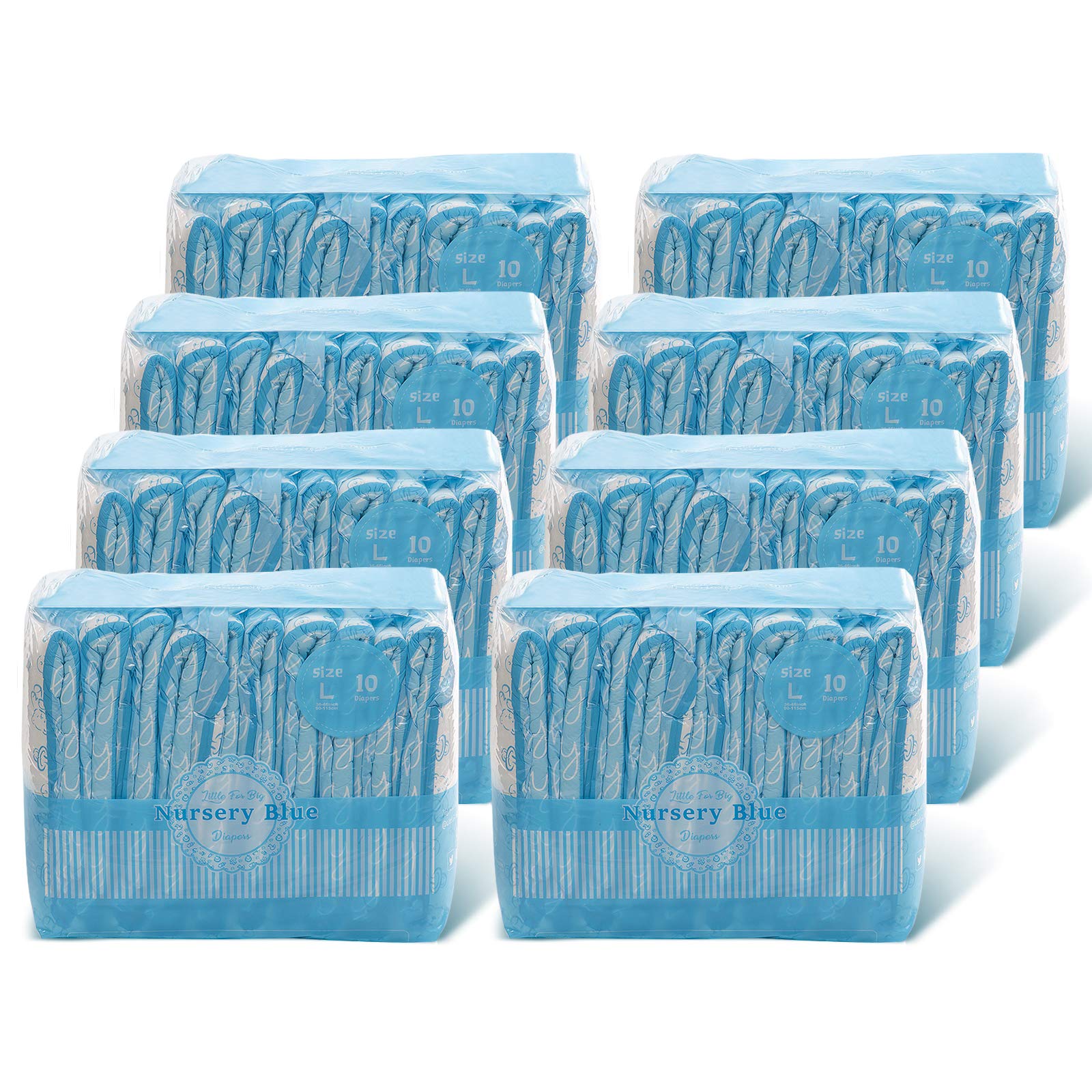 Littleforbig Adult Printed Diaper 80 Pieces (8 Packs) - Nursery Blue (Large 36"-46")