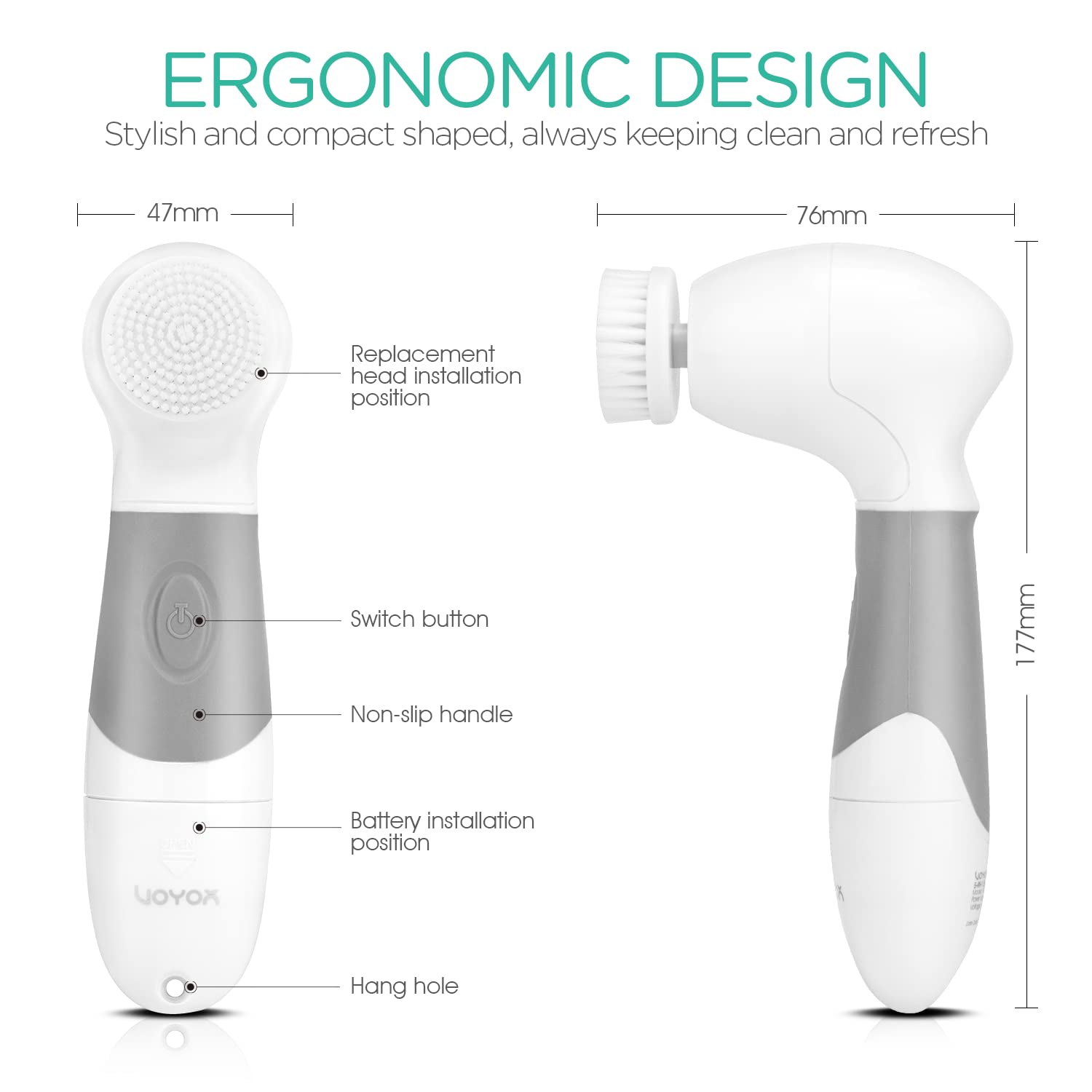 VOYOR Facial Cleansing Brush Waterproof Spin Face Brush 5-in-1 Body Cleansing Brush Set for Deep Skin Cleansing, Gentle Exfoliating, Blackhead Removal FB100