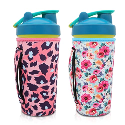 2Pack Reusable Neoprene Insulator Water bottle holder Sleeves with Handle Compatible with 28 oz Blender Bottle, YETI Rambler 20 oz, Stanley 20oz Tumbler and more(Blue Floral + Pink Cheetah)