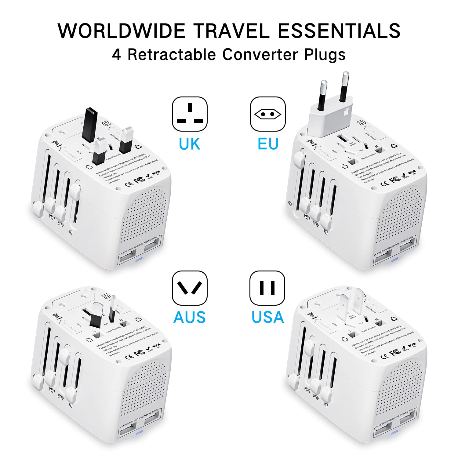 2000W Travel Voltage Converter, Universal Travel Adapter Voltage Converter Combo for 100V-240V, with 2 USB Ports, US to UK Europe Australia 200+ Countries Power Converter(White)