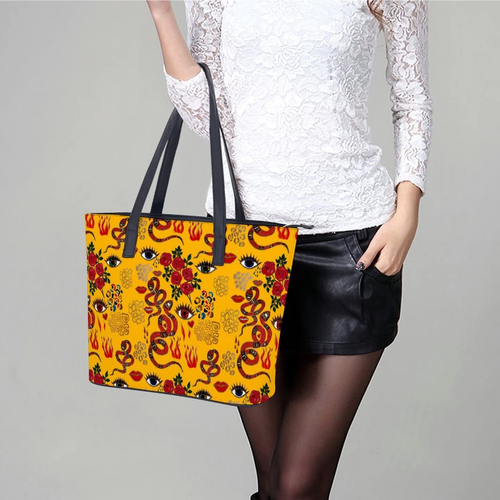 Snakes Lips Eyes Roses Flame Women's Tote Bag PU Leather Shoulder Bag Handbags Purse For Work Shopping Travel