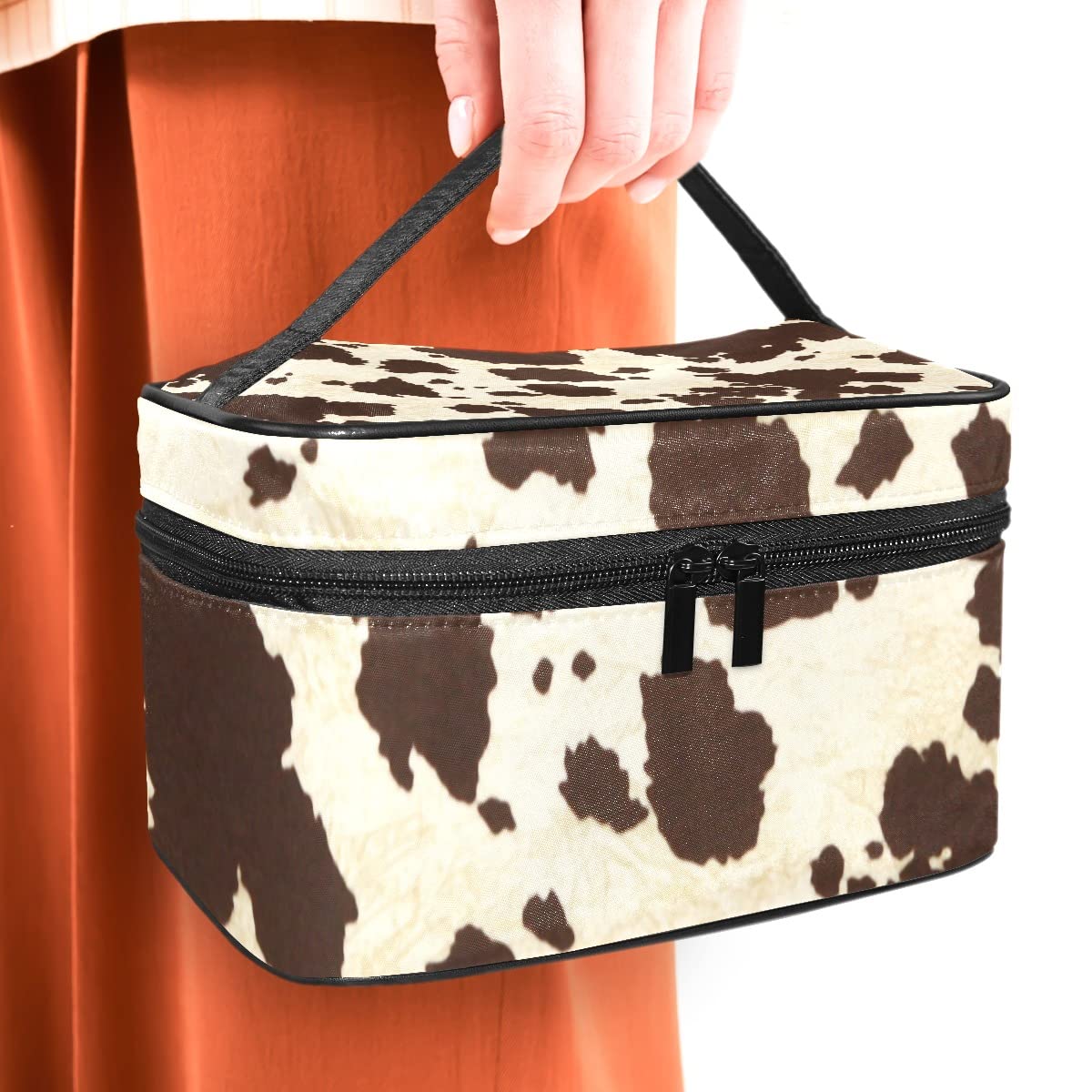 Women Large Professional Travel Makeup Bag Pouch with Big Cow Fur Print Pattern Print,Portable Train Cosmetic Case Organizer for Cosmetics Makeup Brushes Toiletry Jewelry Digital Accessories