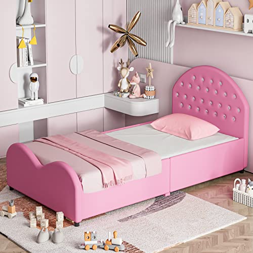 HONEY JOY Kids Twin Bed Frame with Headboard, Toddler Upholstered Platform Bed with Slatted Bed Base, No Box Spring Needed, Princess Wooden Single Bed for Baby Girls, Twin Size in Pink