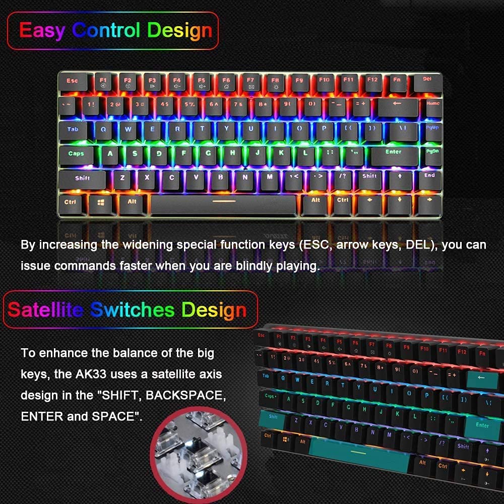 FELICON Mechanical Keyboard, 82 Keys Compact Rainbow Blacklight Wired Gaming Keybaord with Blue Switch, Anti-Ghosting, Small and Portable Composition with Windows PC Laptop Mac Game Office