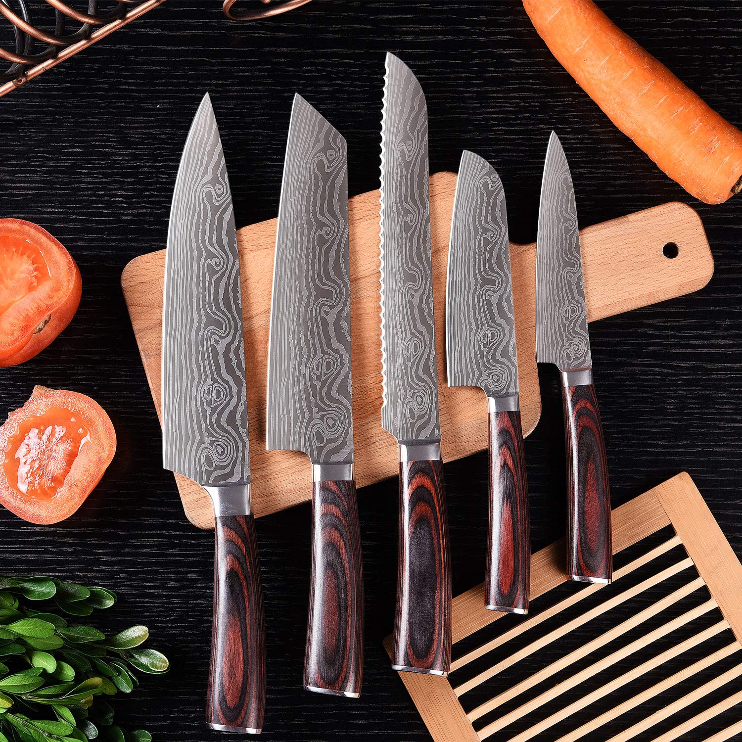 SANDEWILY 5PCS Chef Knife Set - Ultra Sharp Japanese Knives with High Carbon Stainless Steel Blades and Ergonomic Pakkawood Handle in an Elegant Gift Box