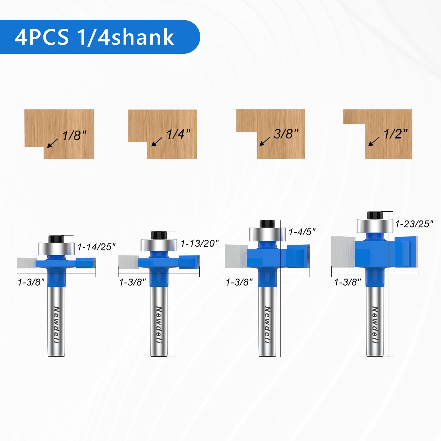 Newdeli Rabbet Router Bit Set 1/4 Inch Shank - 4Pcs Rabbeting Router Bits(1/8",1/4",3/8", 1/2" Height) with 6 Bearings Set (3/8", 1/2", 5/8", 3/4", 7/8", 1-1/8" Bearings) - Wood Biscuit Slot Cutters