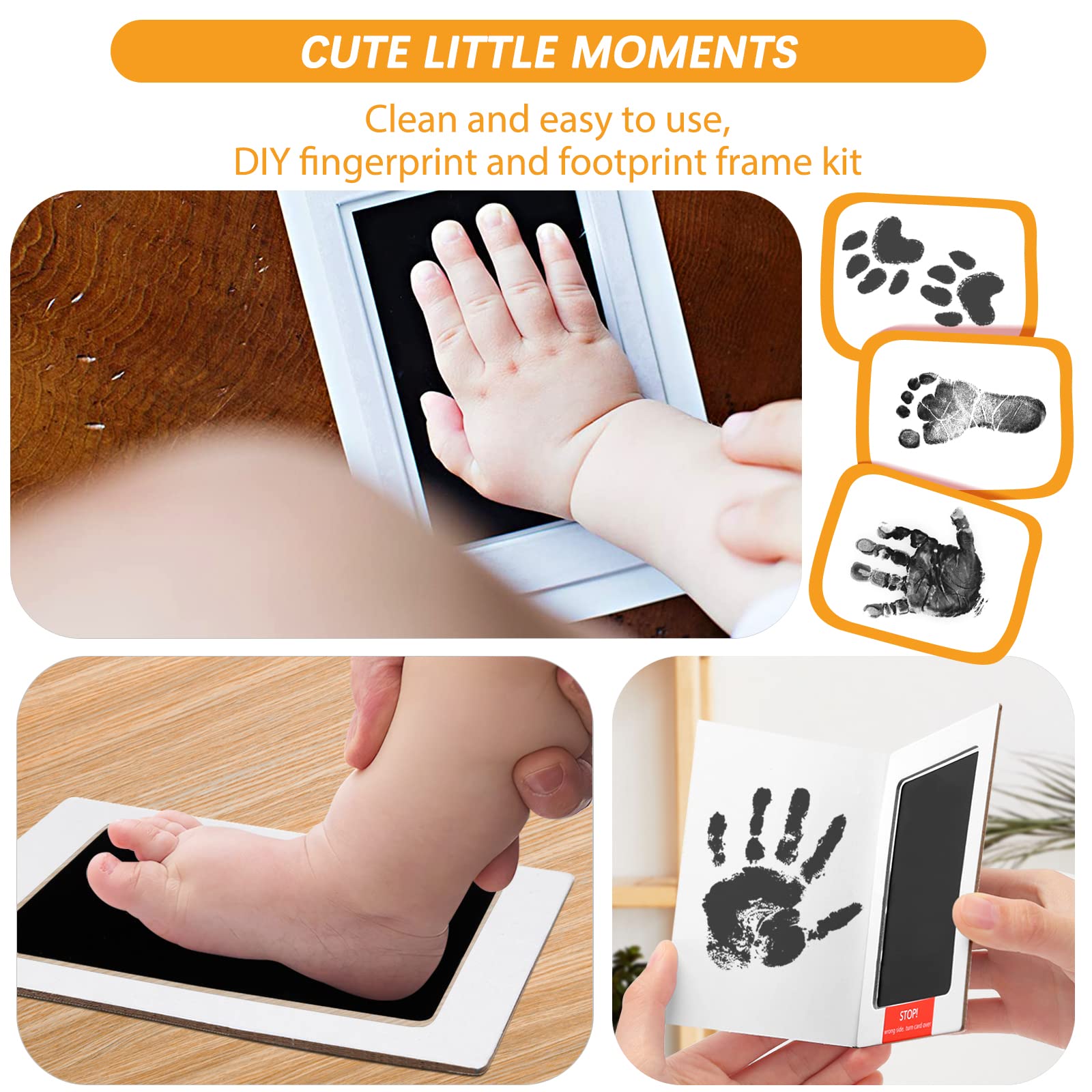 Baby Footprint Handprint Kit Clean Touch Ink Pad, 3 Pcs Pet Dog Paw Stamp Pad Print Kit, Safe Newborn Inkless Infant Hand and Footprint Ornament Kit, Doesn’t Touch Skin, Impression Memory Gift, Black