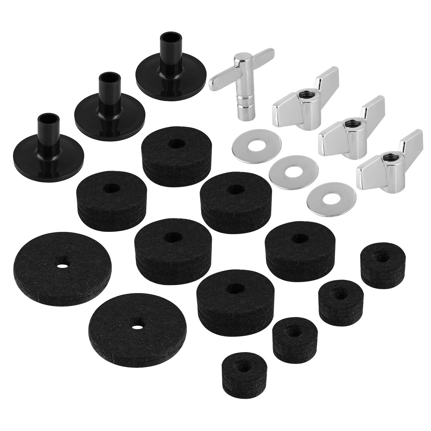 22 Pieces Cymbal Replacement Accessories Including Black Cymbal Felts, Hi-Hat Clutch Felt, Hi Hat Cup Felt, Cymbal Sleeves with Base, Wing Nuts and Cymbal Washer