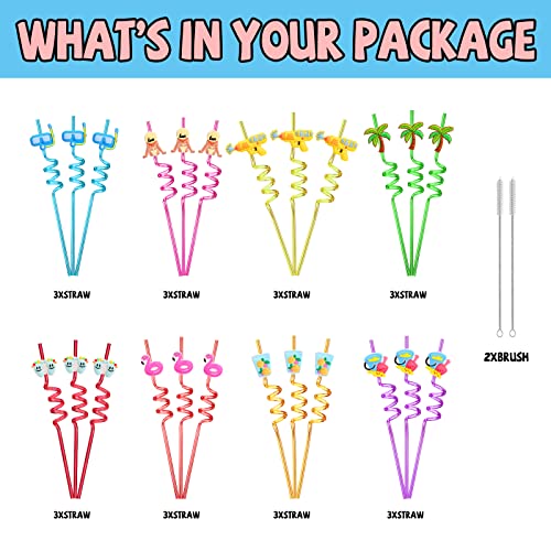 24 Summer Party Favors Reusable Drinking Straws for Kids Beach Pool Summer Birthday Party Supplies Decorations with 2 PCS Cleaning Brushes