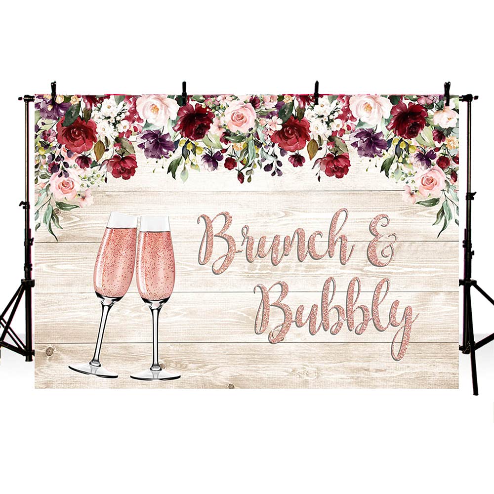 ABLIN 7x5ft Brunch and Bubbly Backdrop for Bridal Shower Rustic White Wood Red Rose Flowers Floor Photo Background Bride to Be Engagement Wedding Party Decorations Banner Props