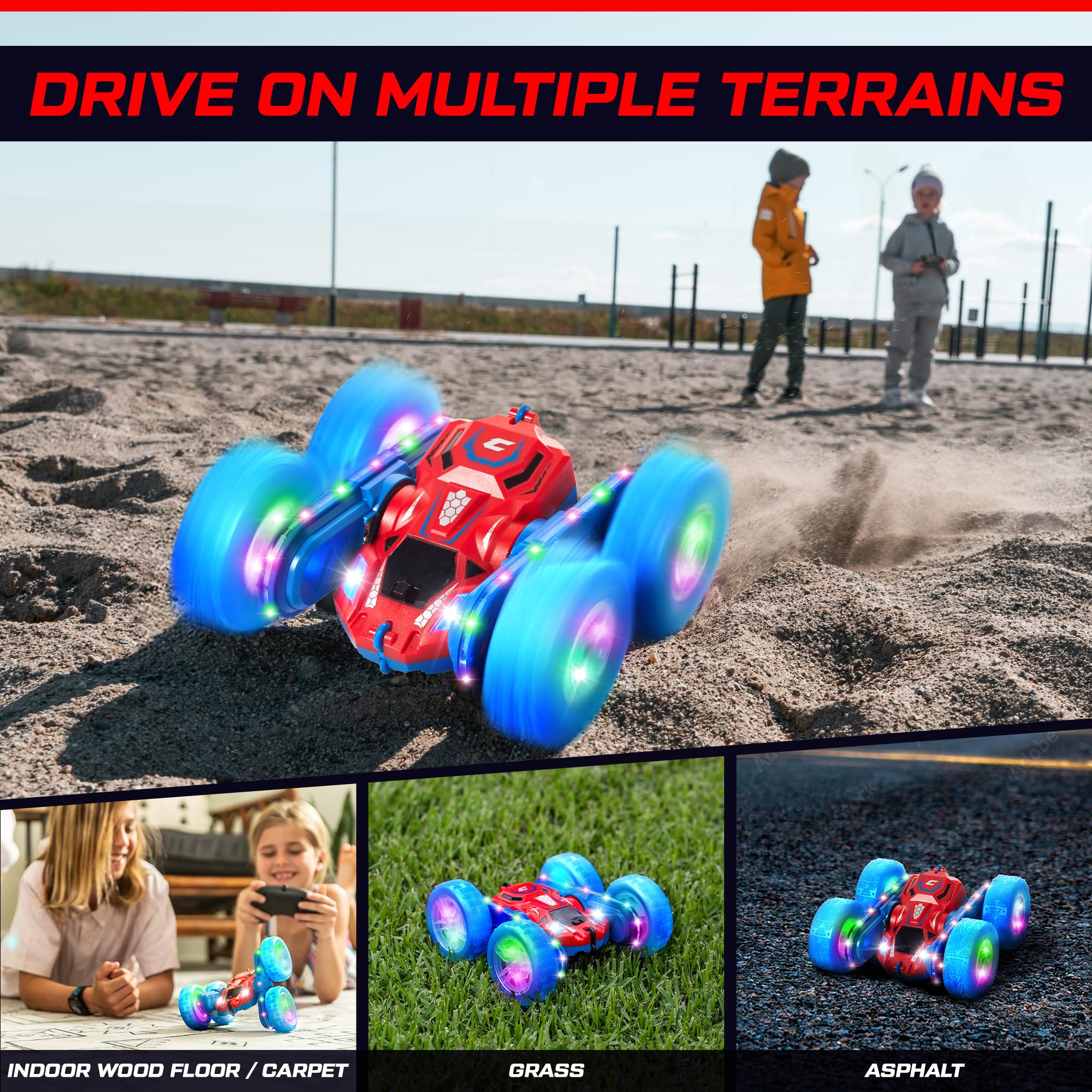 Force1 Cyclone LED Remote Control Car for Kids - Double Sided Fast RC Car with Bright LED Tires, Off-Road Crawler RC Stunt Car 360 Flips, Spins, Drifts; 2.4GHz Remote Control, 2 Rechargeable Batteries