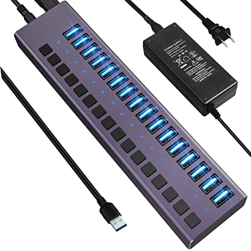 USB 3.0 Hub -16 Ports Powered USB Hub 90W USB Charging Hub with Individual On/Off Switches and 12V/7.5A Power Adapter and Lights for PC, Laptop, Computer, Mobile HDD, Flash Drive and More(Purple)