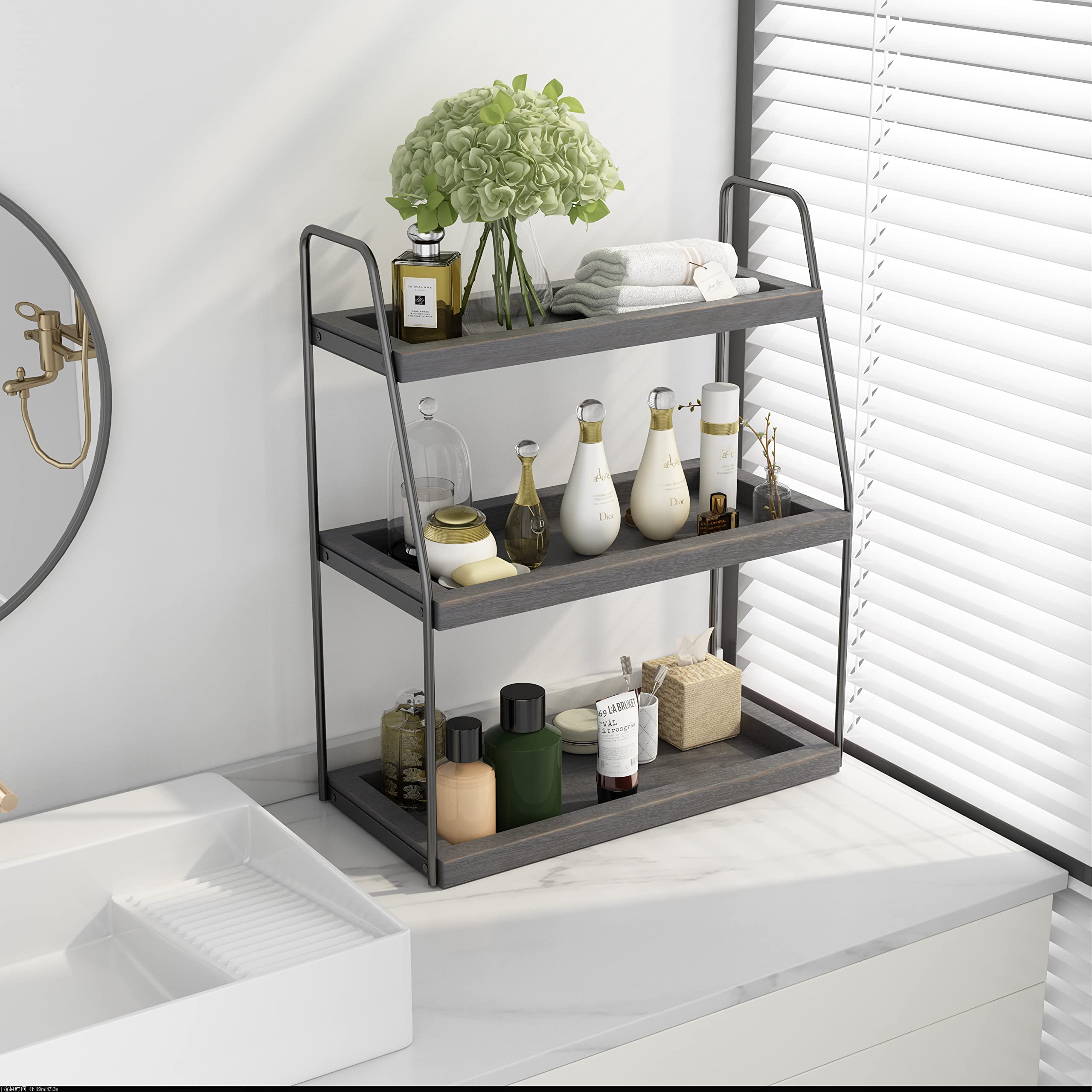 3-Tier Wood Storage Organizer for Restroom & Kitchen & Coffee Bar, Bathroom Sink Organizer Countertop, Bathroom Vanity Counter Top Organizers, Spice, Skincare, Perfume Rack, Detachable - Black