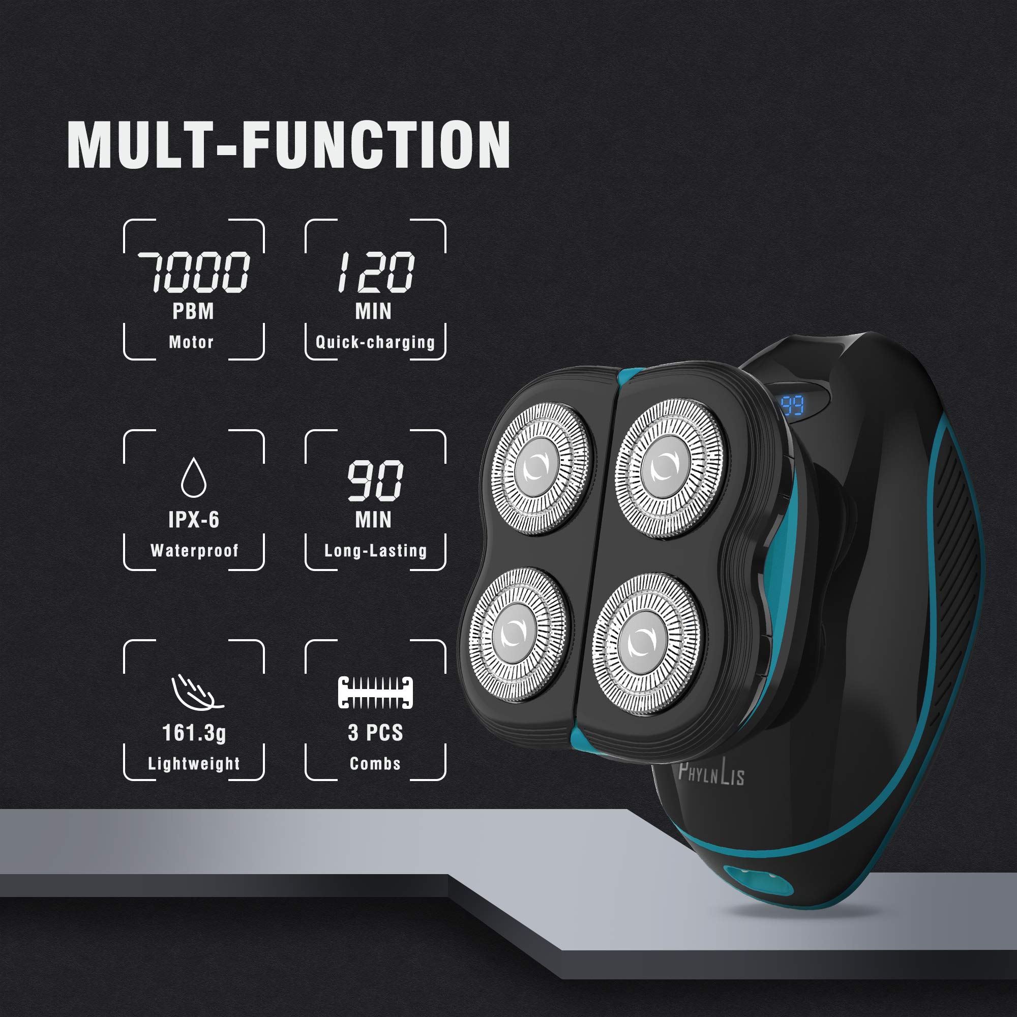 Men's Bald Head/Skull & Face Shaver Mini Trimmer Cordless Clipper Kit Fast Charging Palm Beard Rotary Barber Shaver Waterproof Rechargeable Multifunction PhylnLis 8608