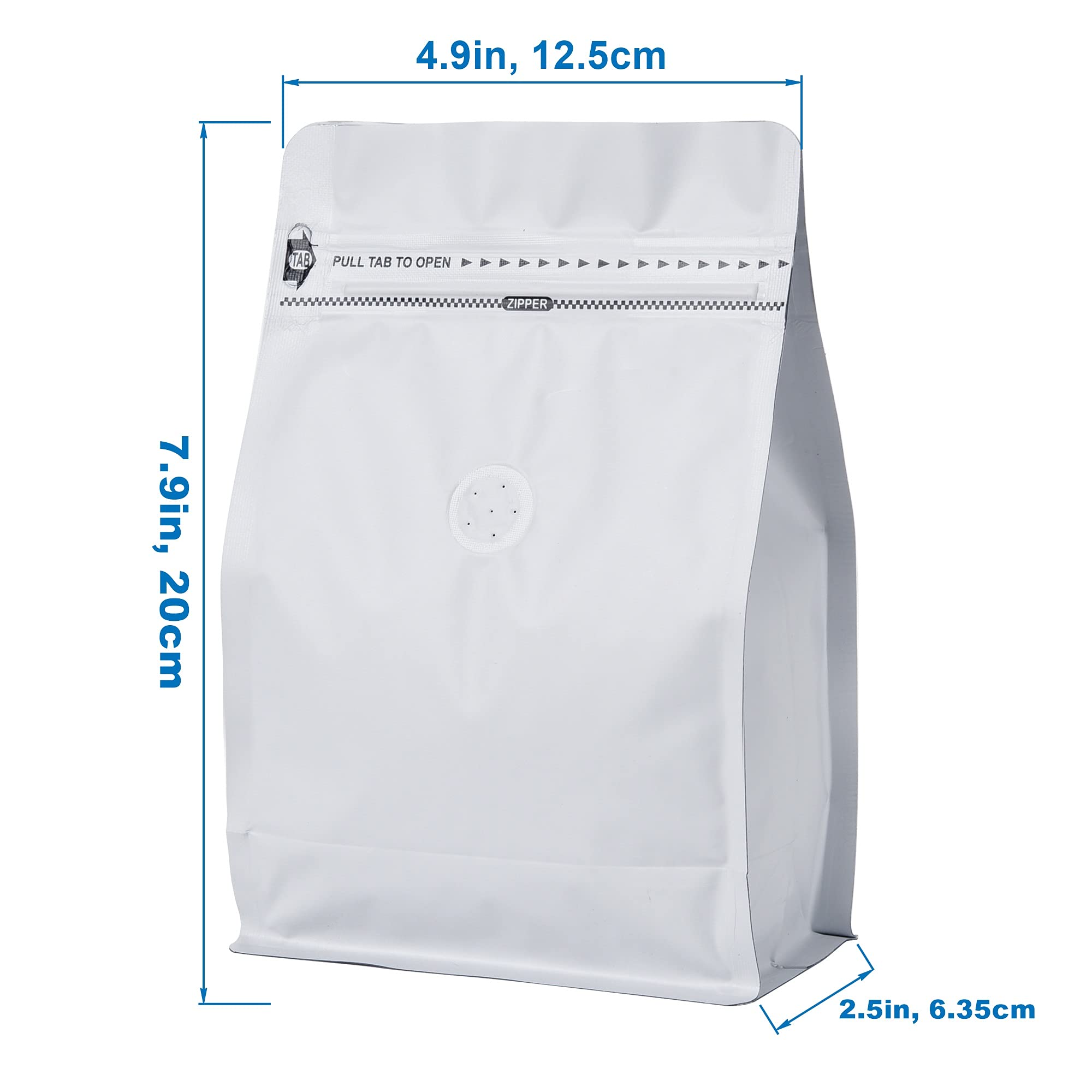 50 Count 8 Ounce Matt White Aluminum Foil Coffee Bags, Stand Up/Flat Bottom Side Gusset Coffee Pouches with Air Release Valve and Reusable Side Zipper (50, 8OZ, 0.5LB, 250G)