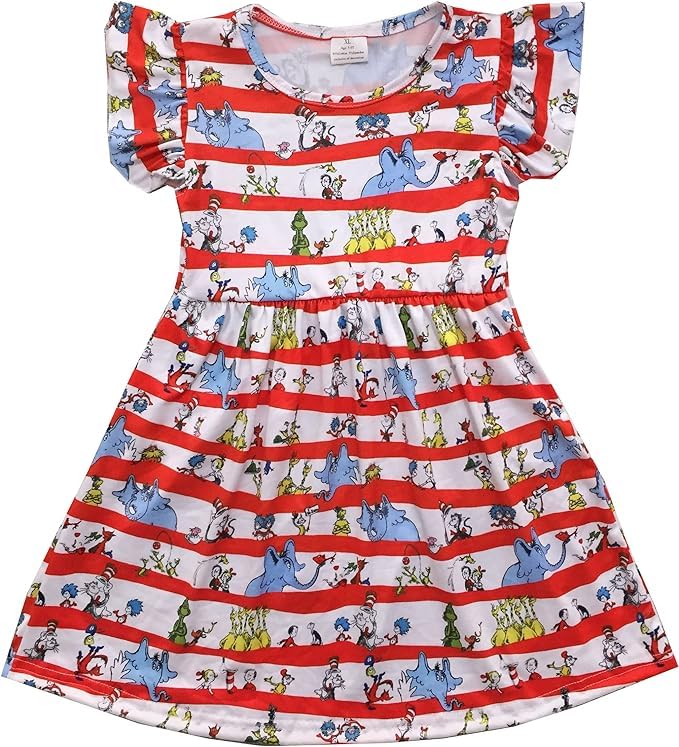 Baby Girl Spring Summer Cat in The Hat Red White Stripe Children Pearl Flutter Sleeve Boutique Dress (7T)