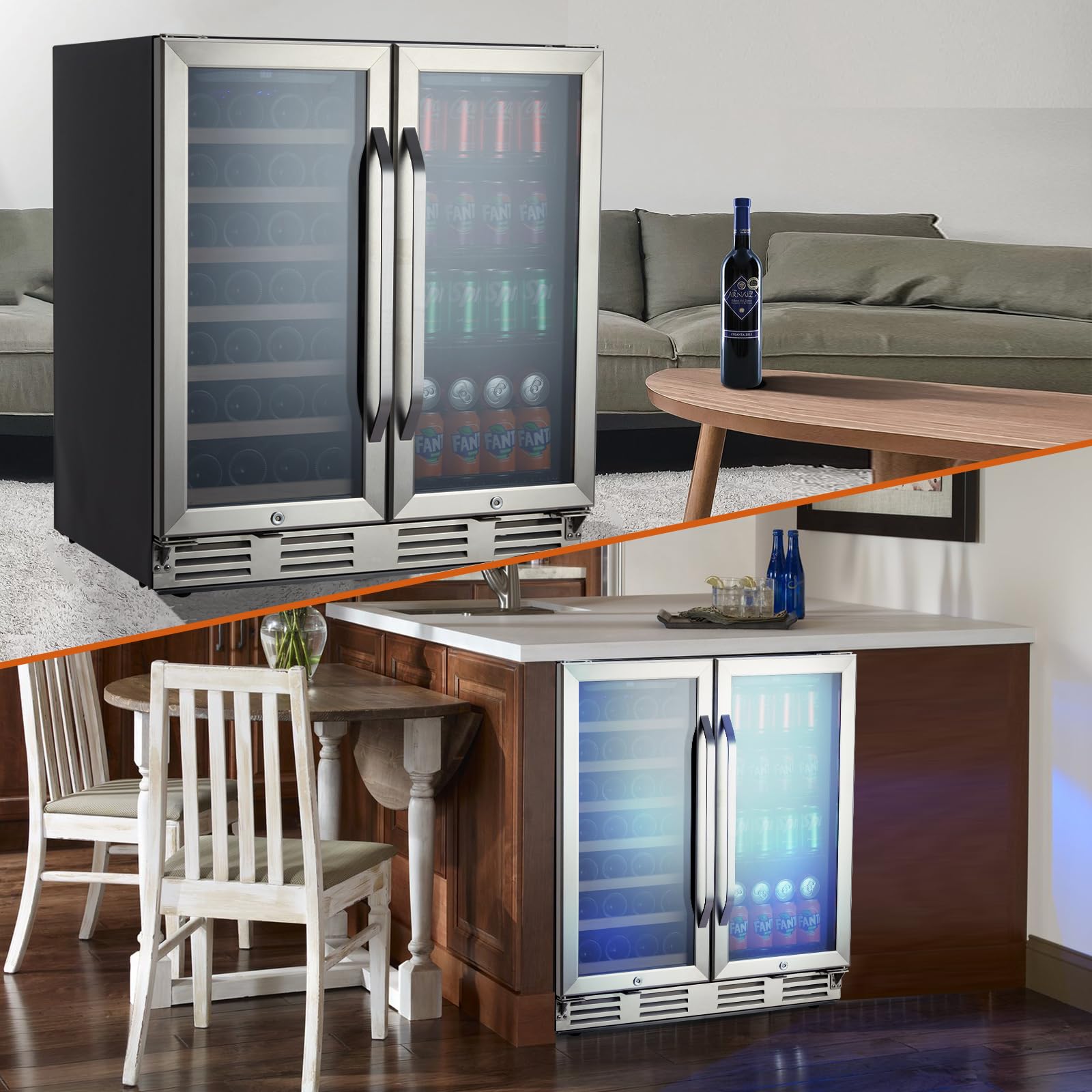 30 inch Wine and Beverage Refrigerator, 33 Bottles & 96 Cans Wine Cooler Refrigerator, Dual Zone Wine Cooler with Glass Door and Lock, Built in or Freestanding Under Counter Wine Fridge