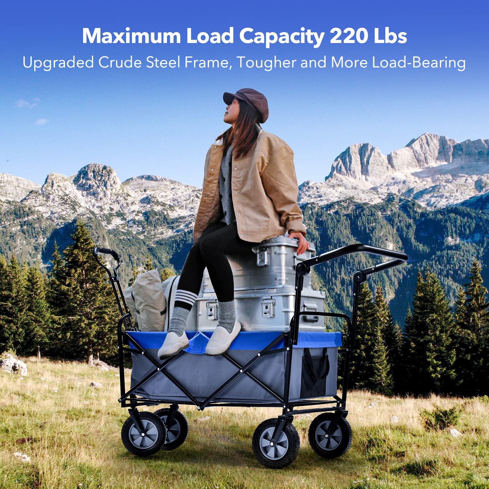 220 lbs Capacity Foldable All Terrain Utility Wagon for Outdoor Camping, Shopping, Sports - 100L, Push Pull Cart