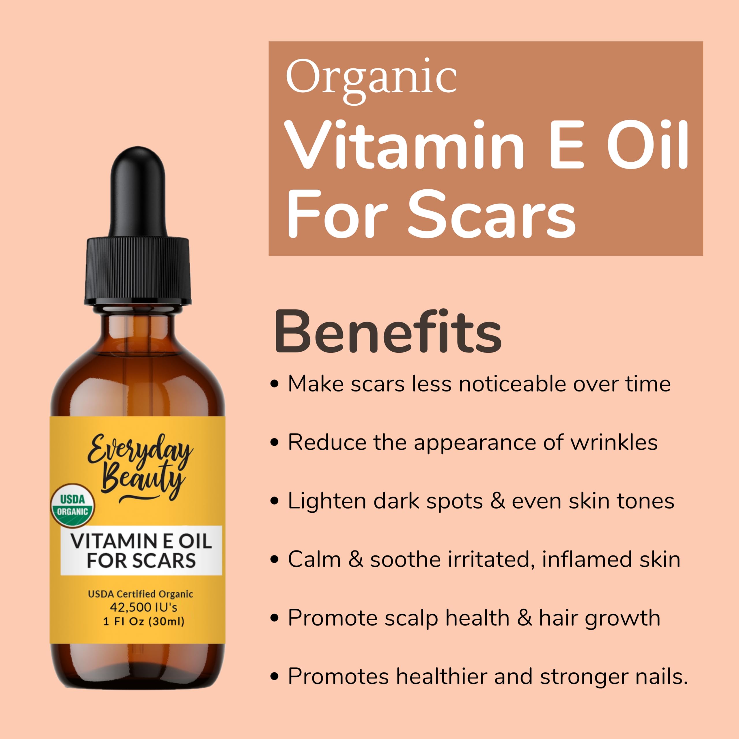 Organic Vitamin E Oil for Scars - All Natural & Vegan Skin Moisturizer 1oz - Light and Unscented Great for Scars After Surgery - Reduce Wrinkles, Anti Aging, Lighten Dark Spots - Face, Skin & All Over