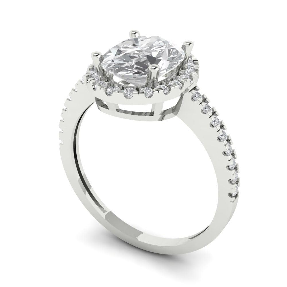 2.27 Ct Oval Cut Clear Simulated Diamond Solid 14K White Gold Halo Solitaire W/Accents Engagement Promise Bridal Ring SZ 5.75