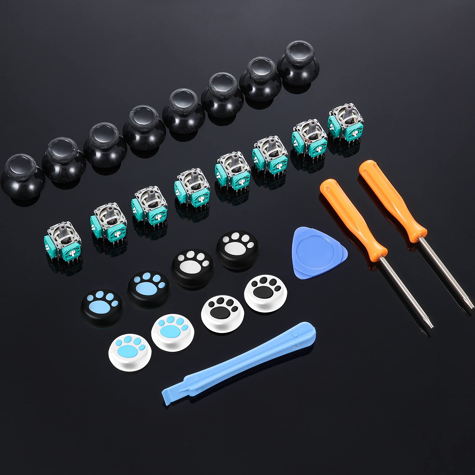 28 Piece Joystick Thumb Sleeve Silicone Cap Repair Kit with T6 T8 Screwdriver, 8 Pieces 3D Analog Joystick, 8 Pieces Thumb Caps, 8 Pieces Cat Claw Handle Buttons Compatible with Xbox One Controller