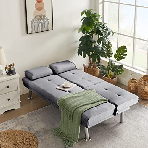 67" Modern Linen Upholstered Futon Sofa Convertible Sleeper Couch Bed Daybed Loveseat,Folding Recliner with 2 Cup Holders,Metal Legs,Removable Soft Pillow-Top Armrest for Living Room Compact Space