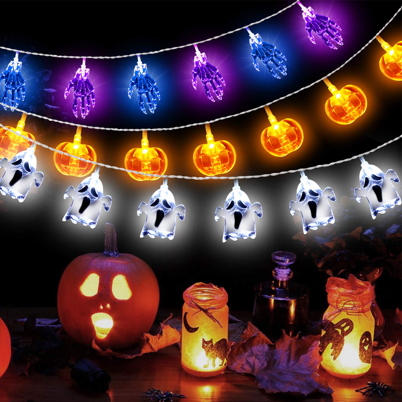 3Pcs Halloween Spooky Decorative String Lights, 9.8ft 54 LED Battery Operated Hand Ghost Pumpkin Party Light String Halloween Decorations for Lawn Porch Door Window Wall Home Garden Halloween Decor